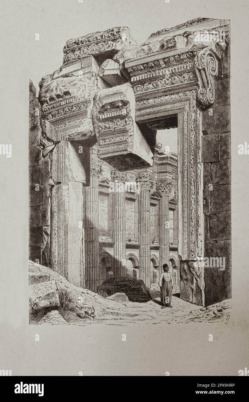 Vintage illustration of Temple of Jupiter (Roman Heliopolis). Baalbek ...