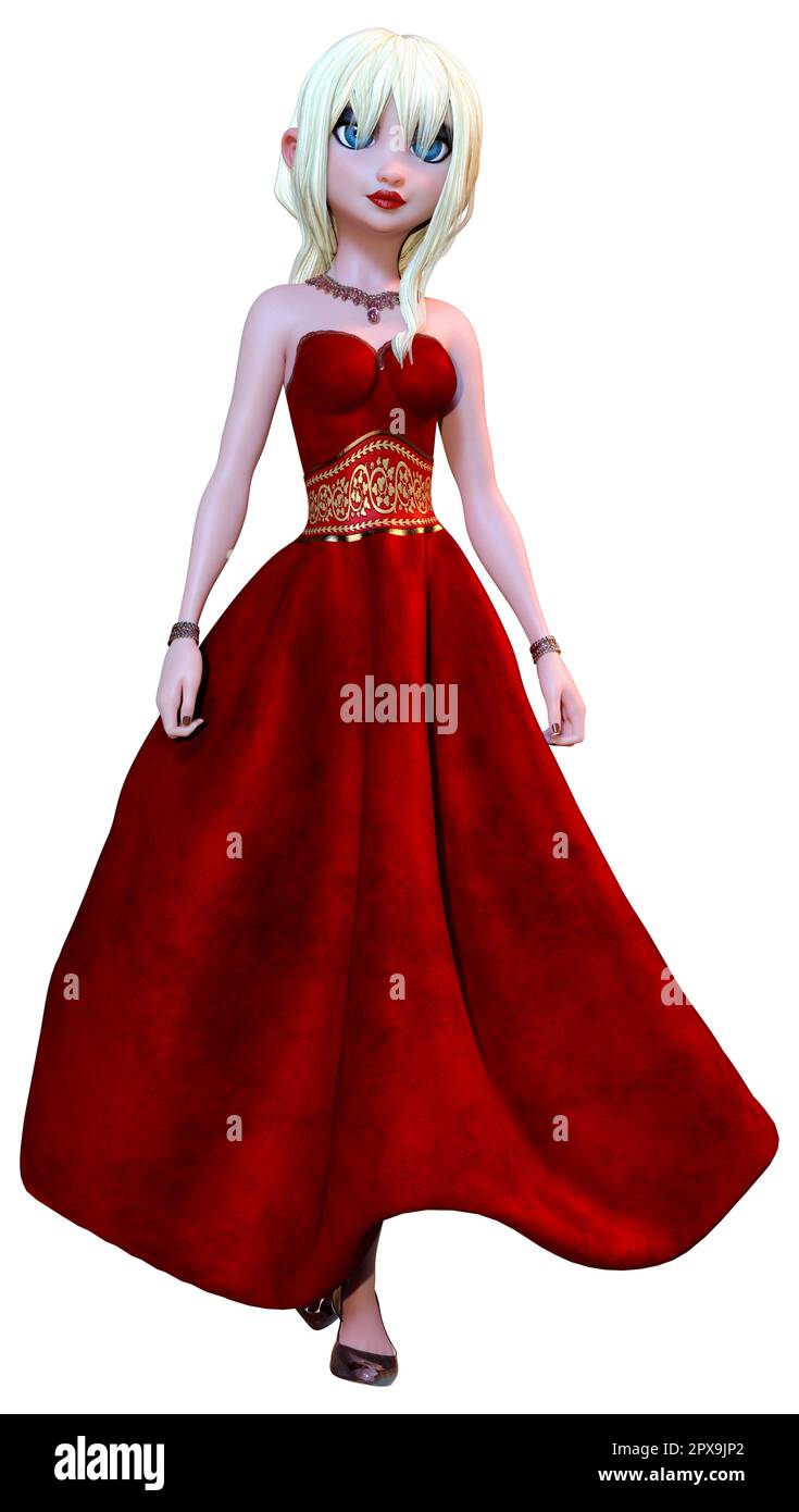 3D rendering of a cartoon fairy tale princess in a red dress isolated ...