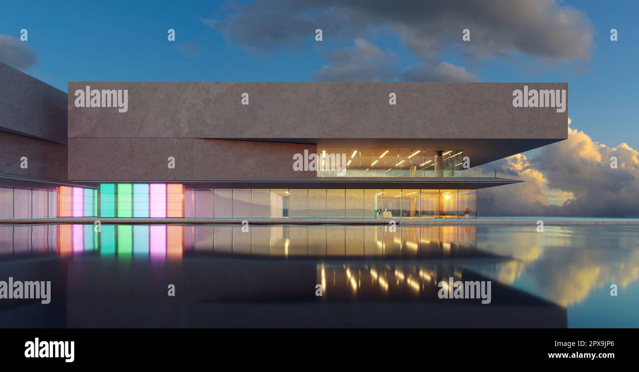 The modern buildings have colored gradient glass walls with a pond ...