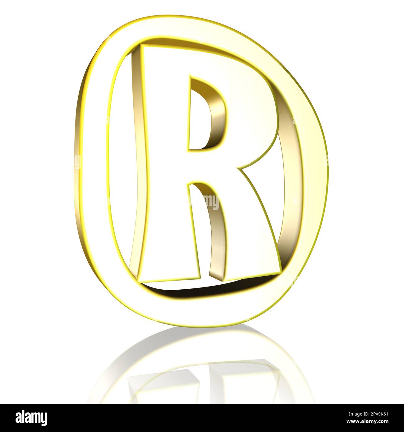 Registered trade mark symbol in yellow, gold on a white background as a ...
