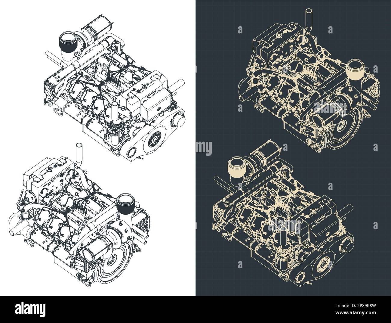 Stylized vector illustration of isometric blueprints of heavy duty ...