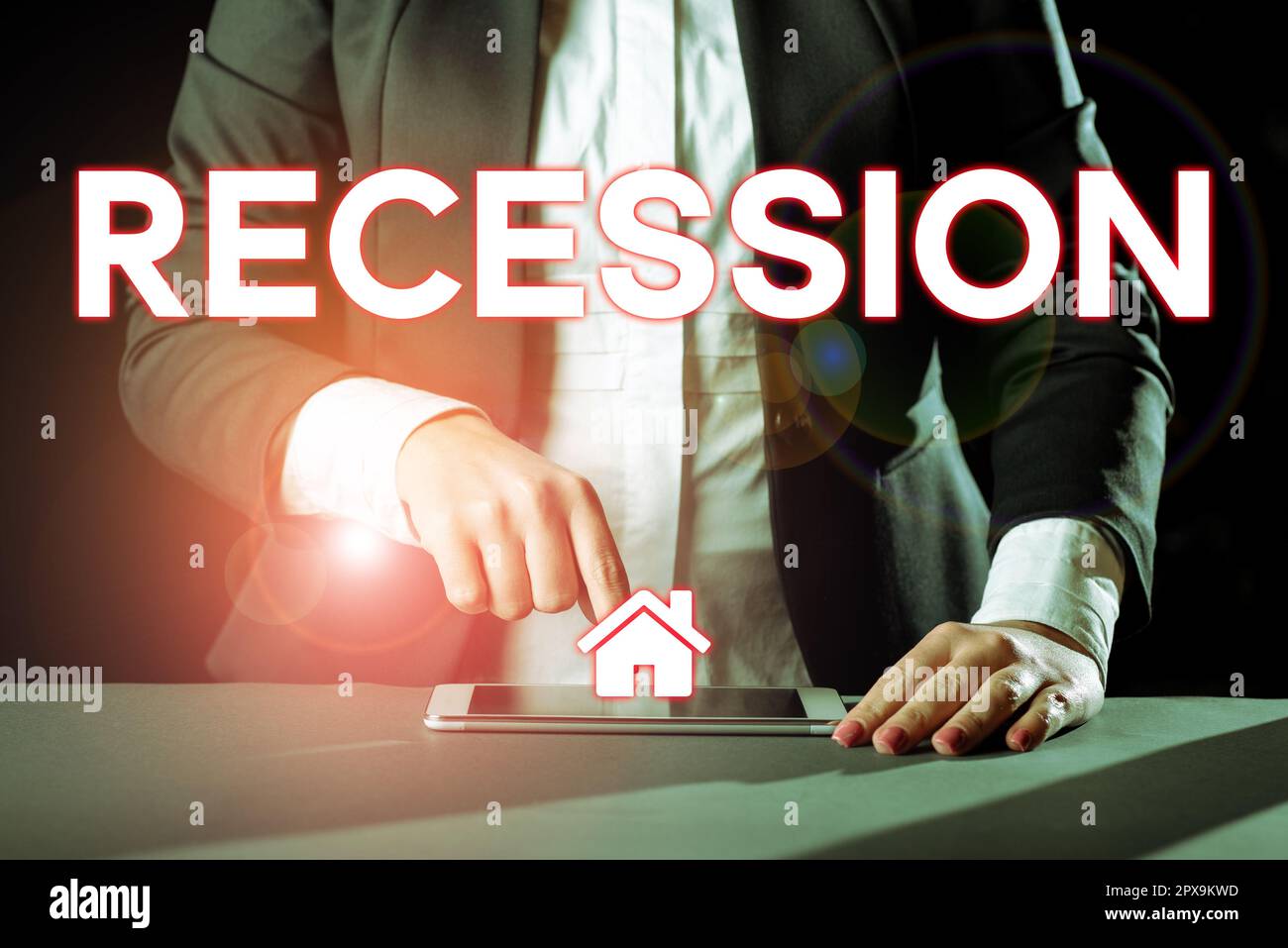 Writing displaying text Recession, Concept meaning the process of progressive decrease in ...