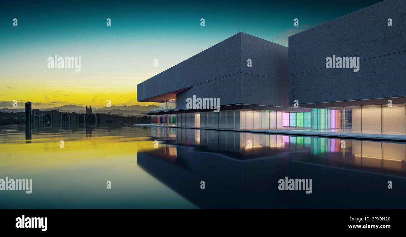 The modern buildings have colored gradient glass walls with a pond ...