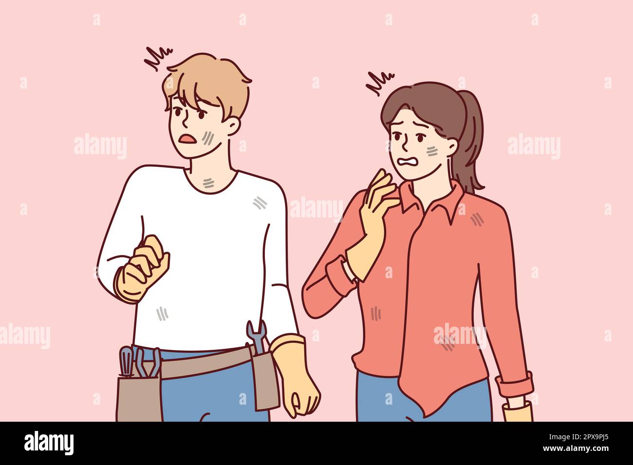 Frightened man with repair tools and woman in dirty clothes looking ...