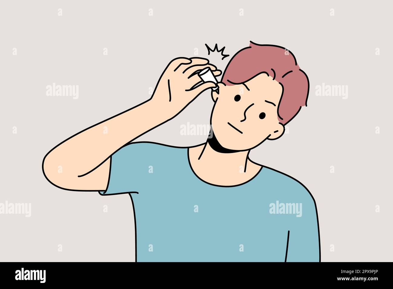 Unhealthy young man use eardrops suffer from infection. Unwell sick guy ...