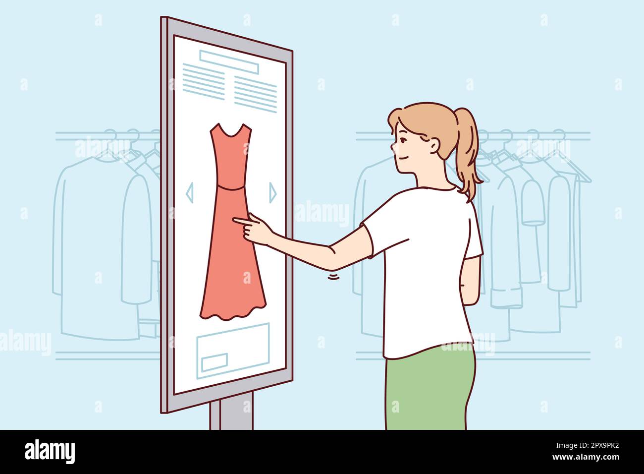 Clothing store customer woman use digital touch panel to select dress ...