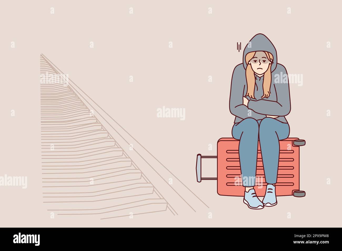 Tired woman sits on suitcase near railway waiting for train and is sad ...