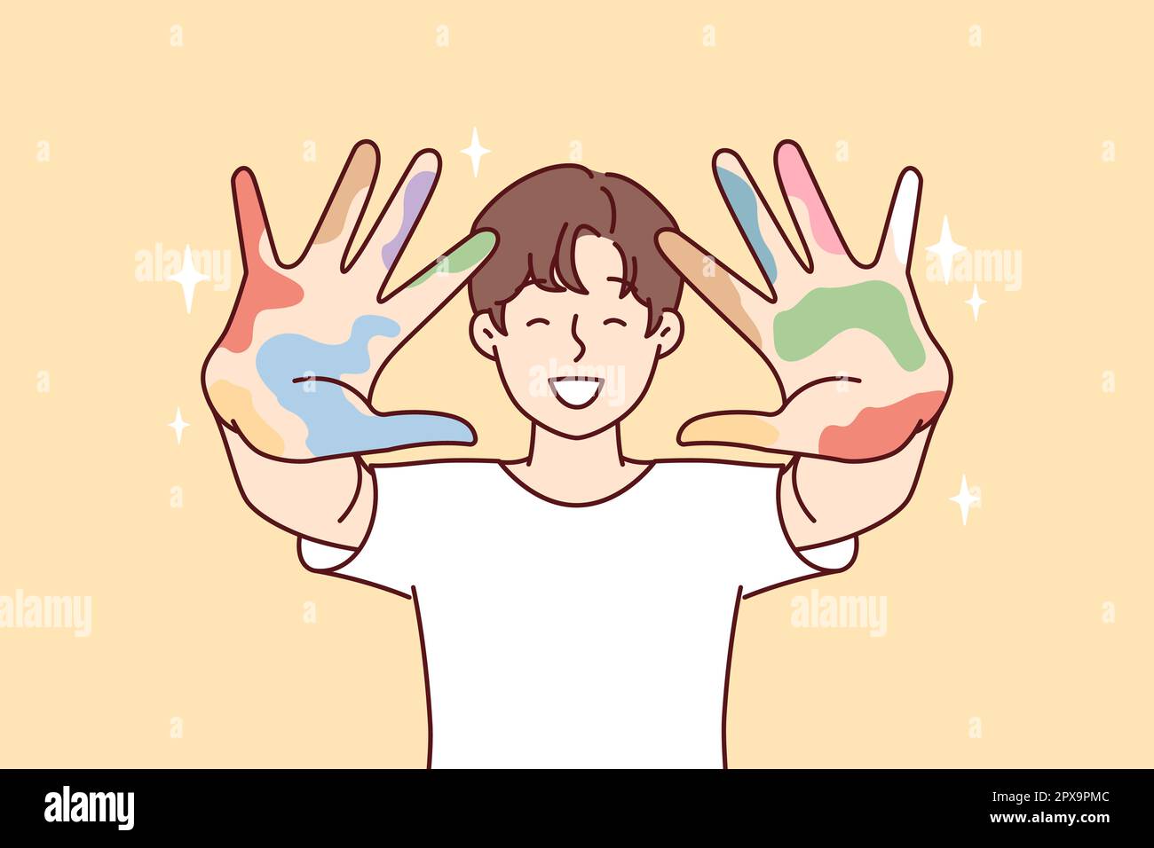 Positive guy stretches arms forward showing remains of multi-colored ...