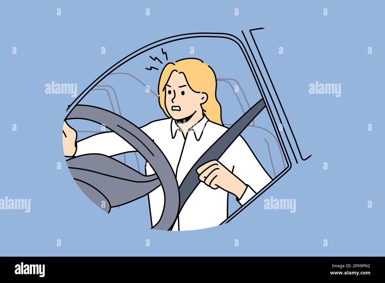 Furious young woman beep at road driving car. Mad girl feel angry and ...