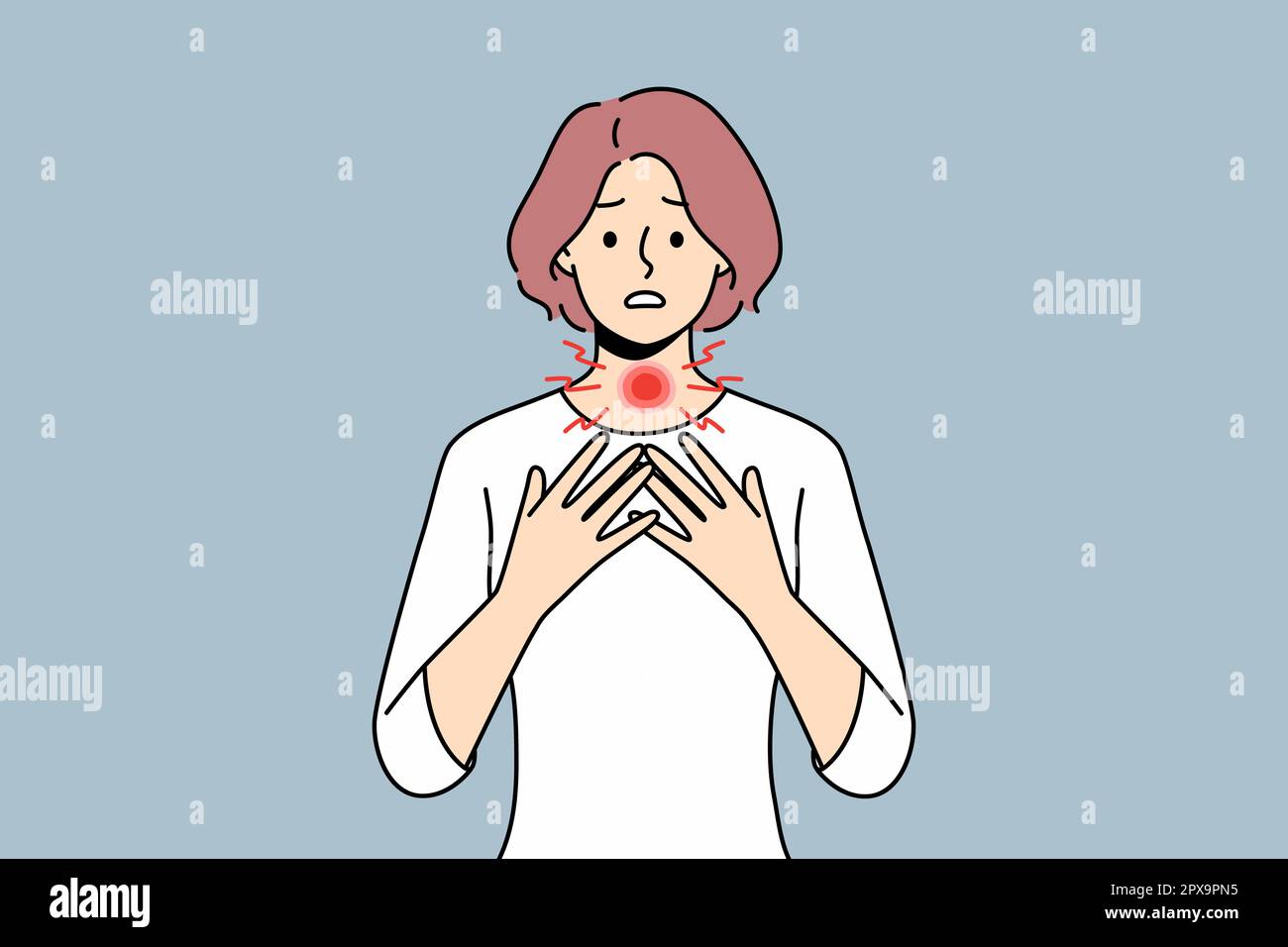 Unhealthy young woman suffer from thyroid problems. Unhappy sick female ...