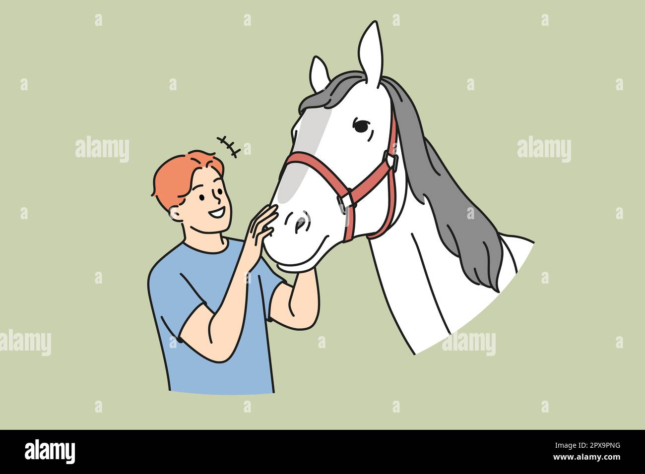 Smiling young man caress white horse at farm. Happy male farmer enjoy ...