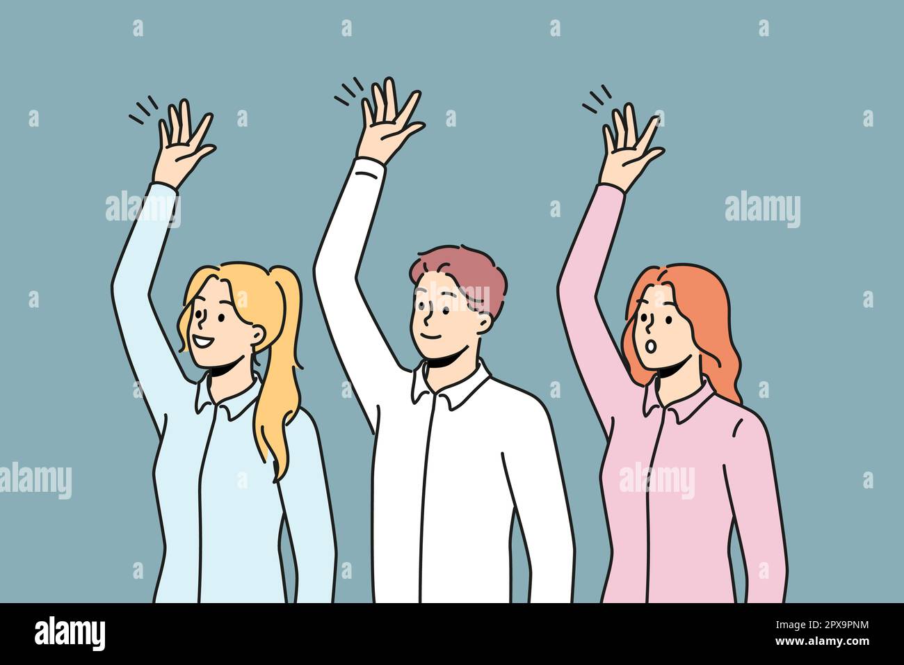 Happy businesspeople raise hands vote at workplace. Smiling employees ...