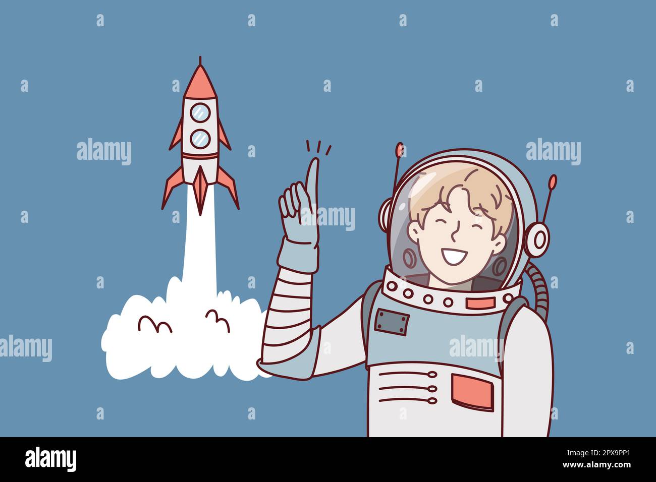 Man in astronaut clothes points finger up standing near spaceship ...