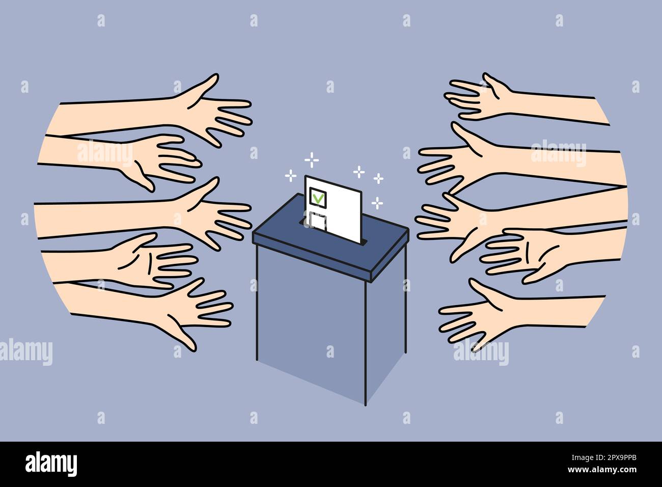 Diverse people near election box voting. Voters stretch hands throw ...