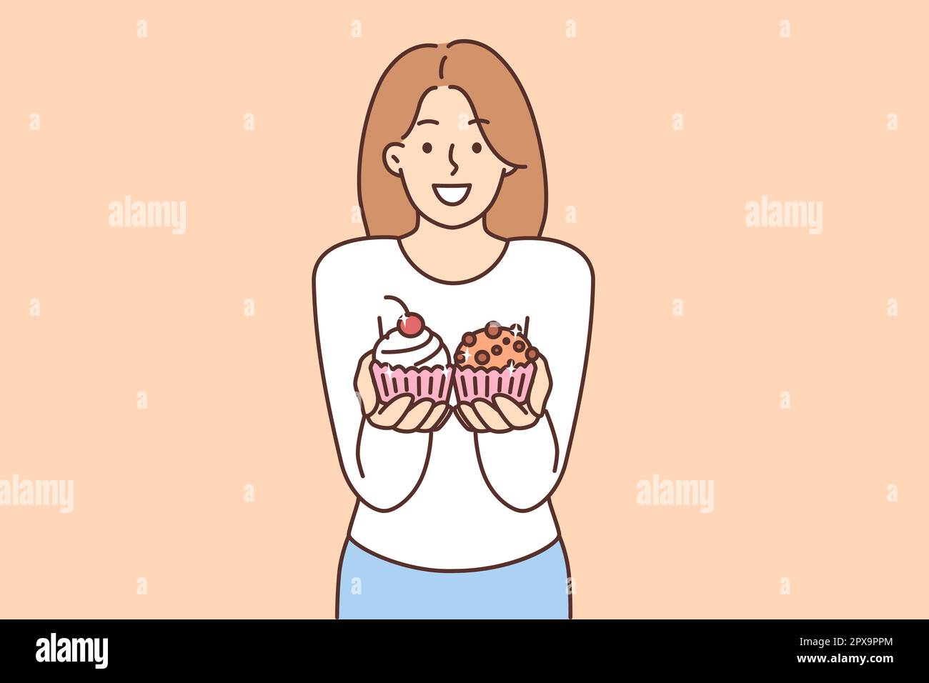 Smiling young woman offering tasty cupcakes. Happy girl give desserts ...