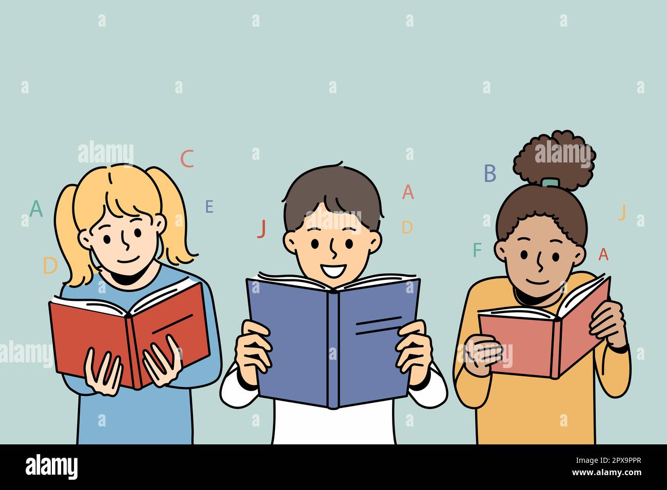 Smiling little children reading books together. Happy kids have fun ...