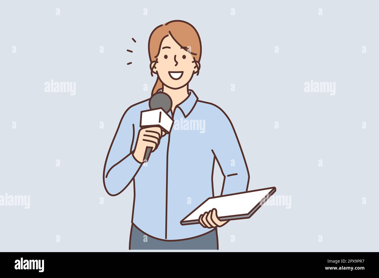 Smiling female reporter with microphone and tablet talking in live ...