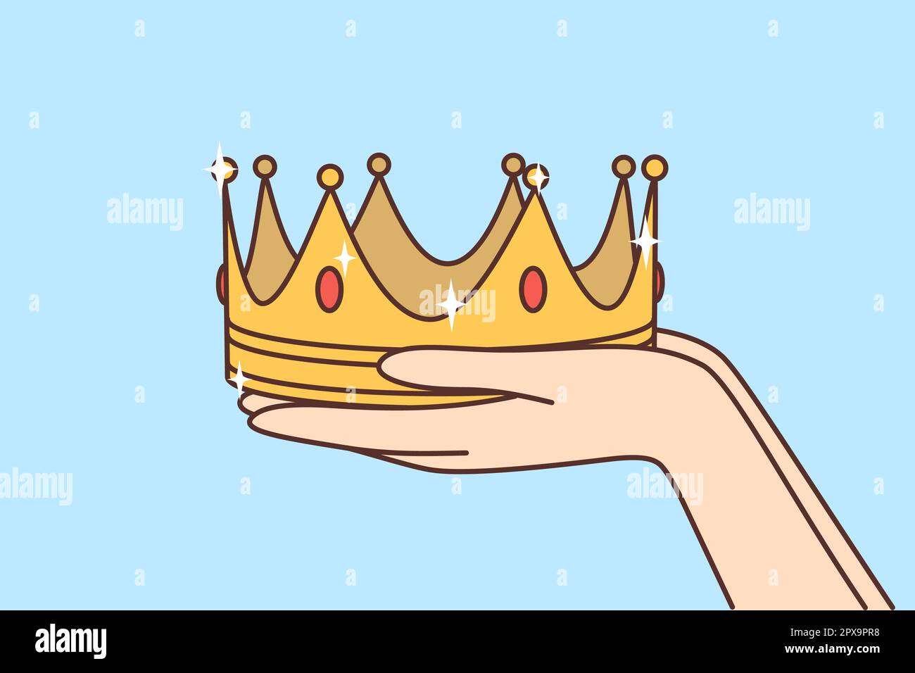 Closeup of person hands holding golden crown. Man or woman hold gold ...