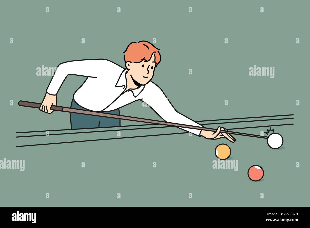 Young man playing billiards. Playful guy have fun enjoy pool with cue ...