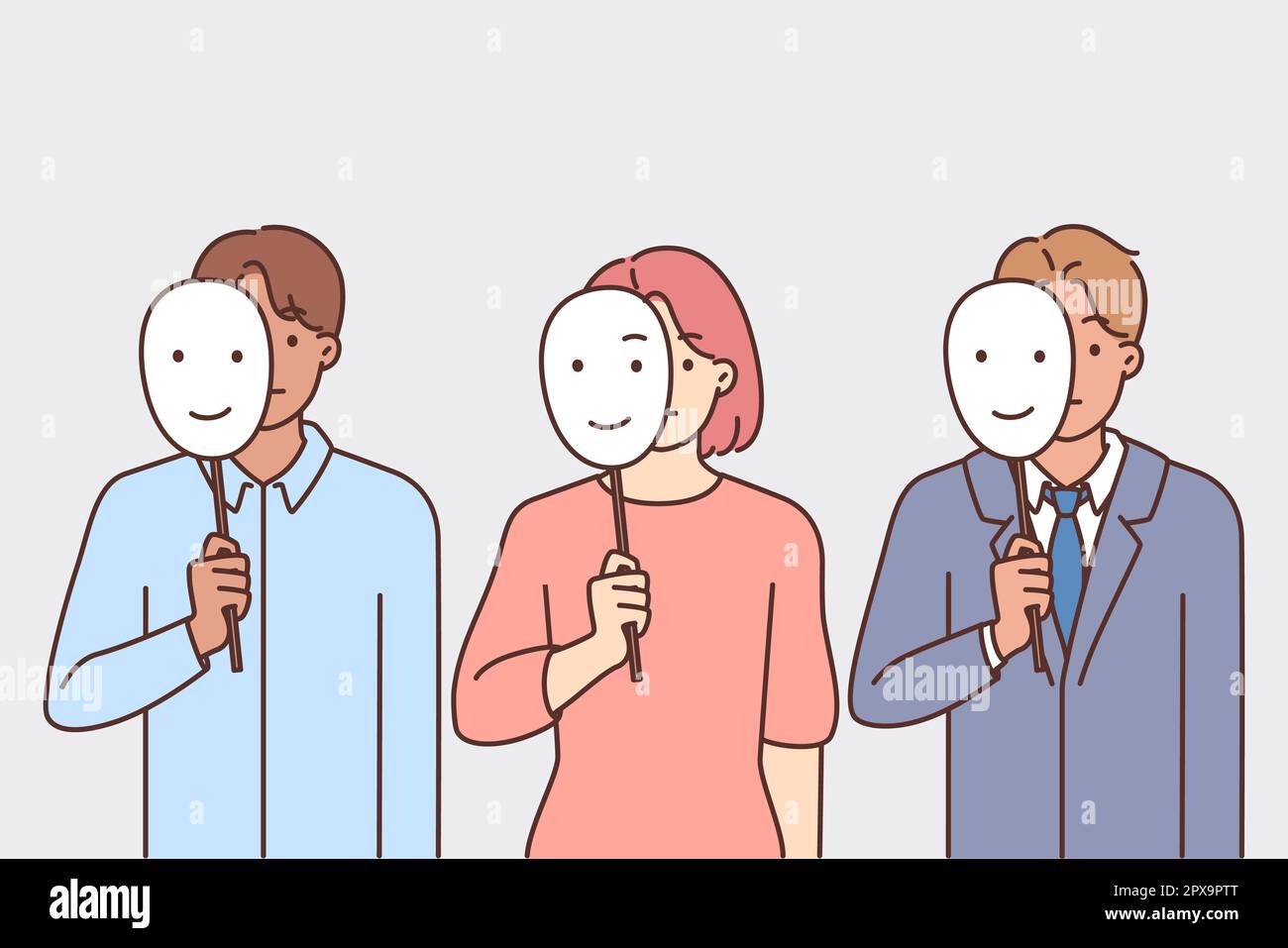 Diverse people holding masks in hands hide emotions behind. Businesspeople with smiling faces in ...