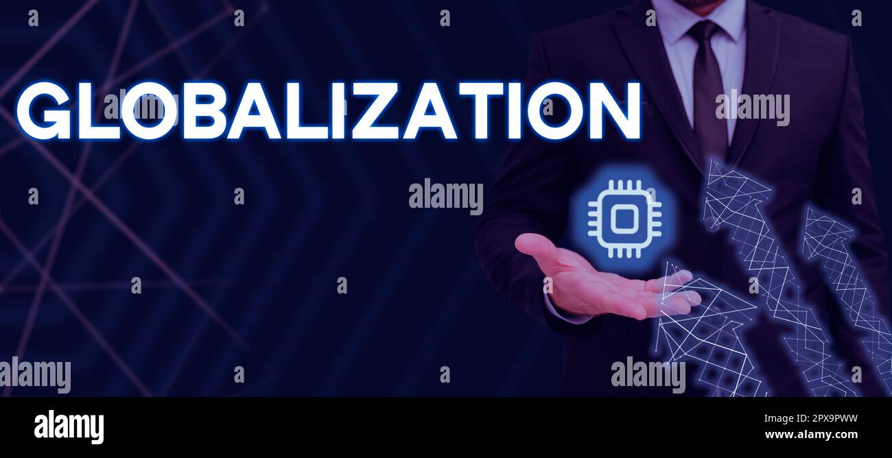 Hand writing sign Globalization, Word for development of an ...