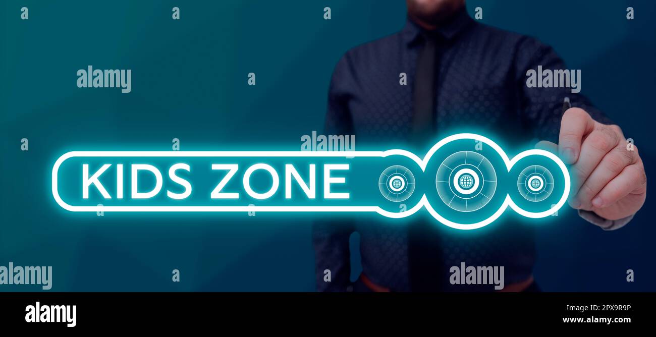 Sign displaying Kids Zone, Business overview An area or a region ...