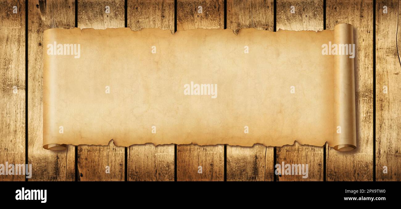 Old paper horizontal banner. Parchment scroll on a wood board ...