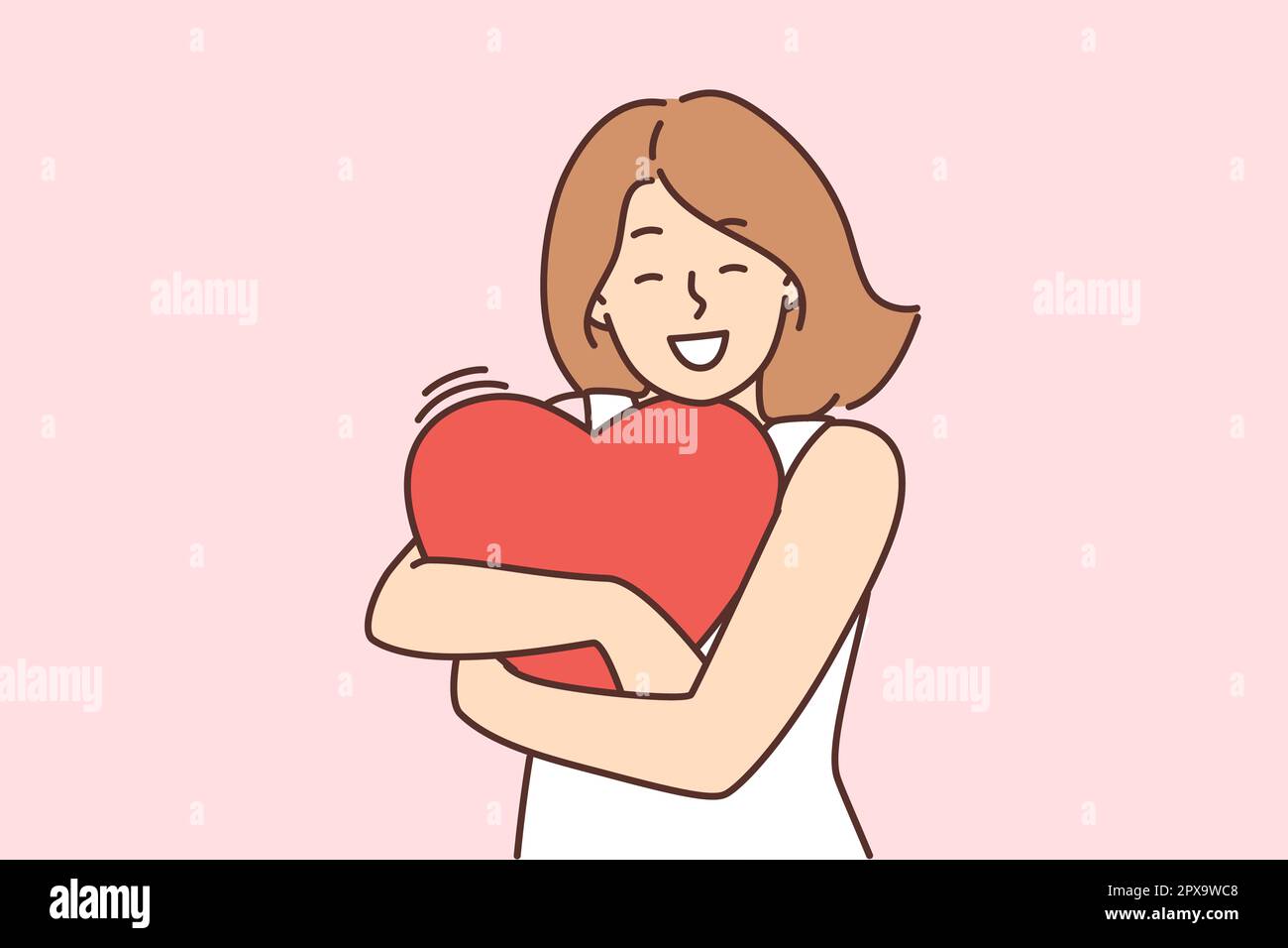 Happy young woman holding big heart in hands feeling positive and ...