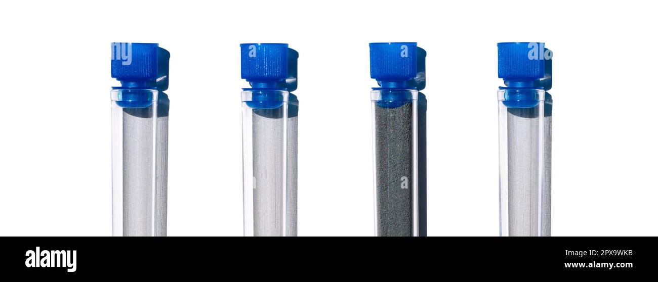 Zinc Powder in test tube with plug cap. Cosmetic chemicals ingredient ...