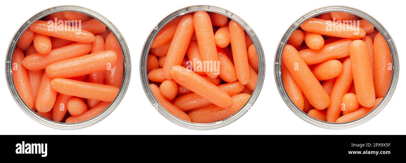 Flat lay view at opened tin can with carrots isolated on transparent ...