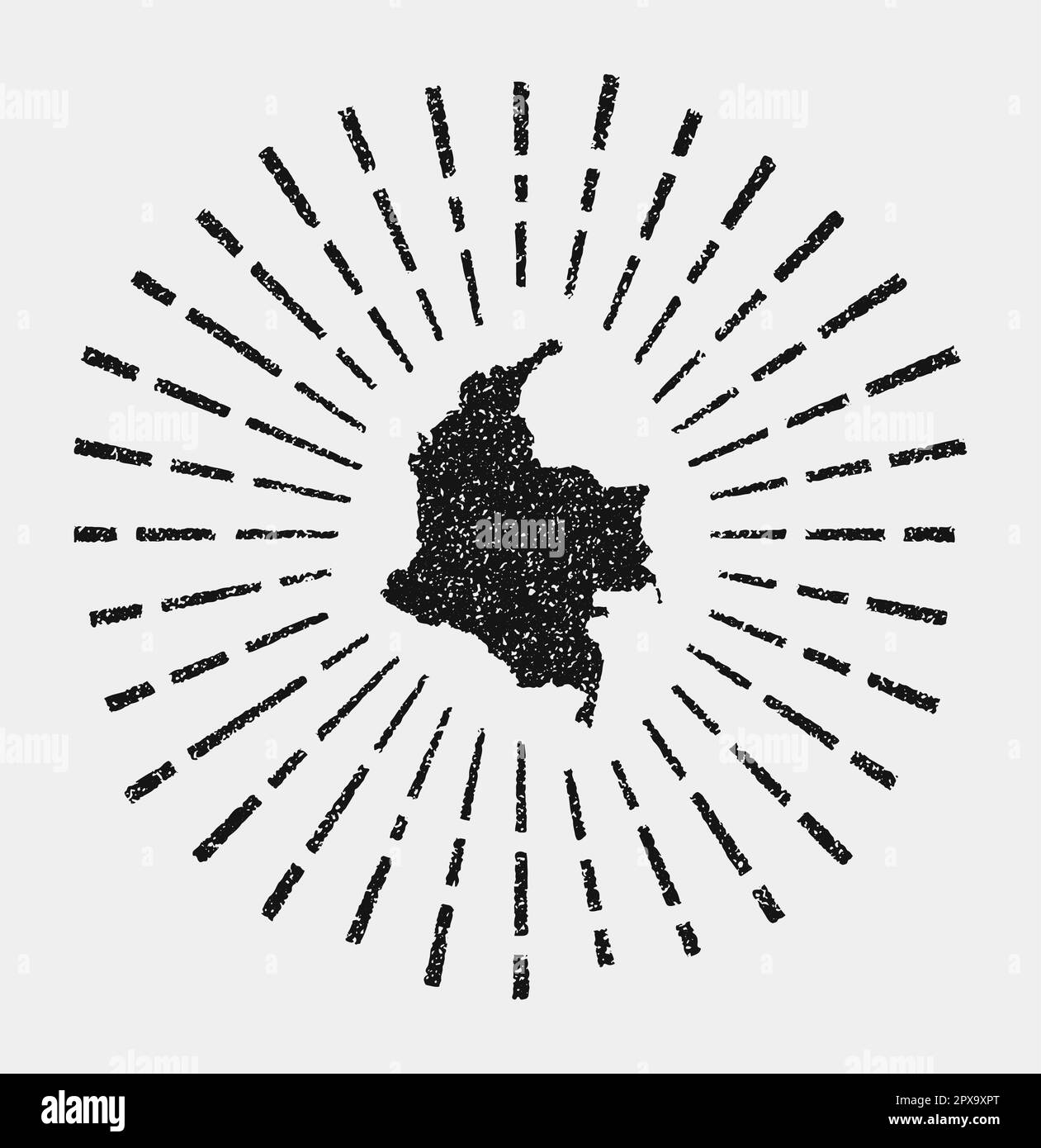 Vintage map of Colombia. Grunge sunburst around the country. Black ...