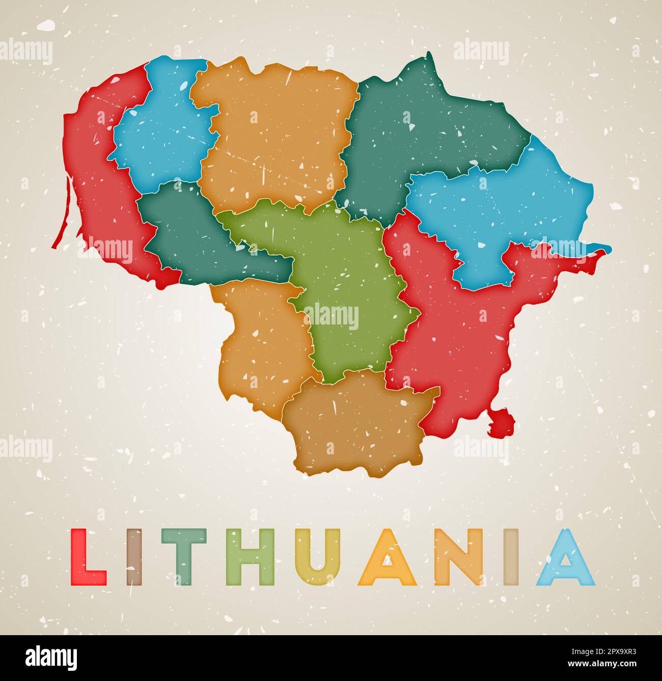 Lithuania map. Country poster with colored regions. Old grunge texture ...