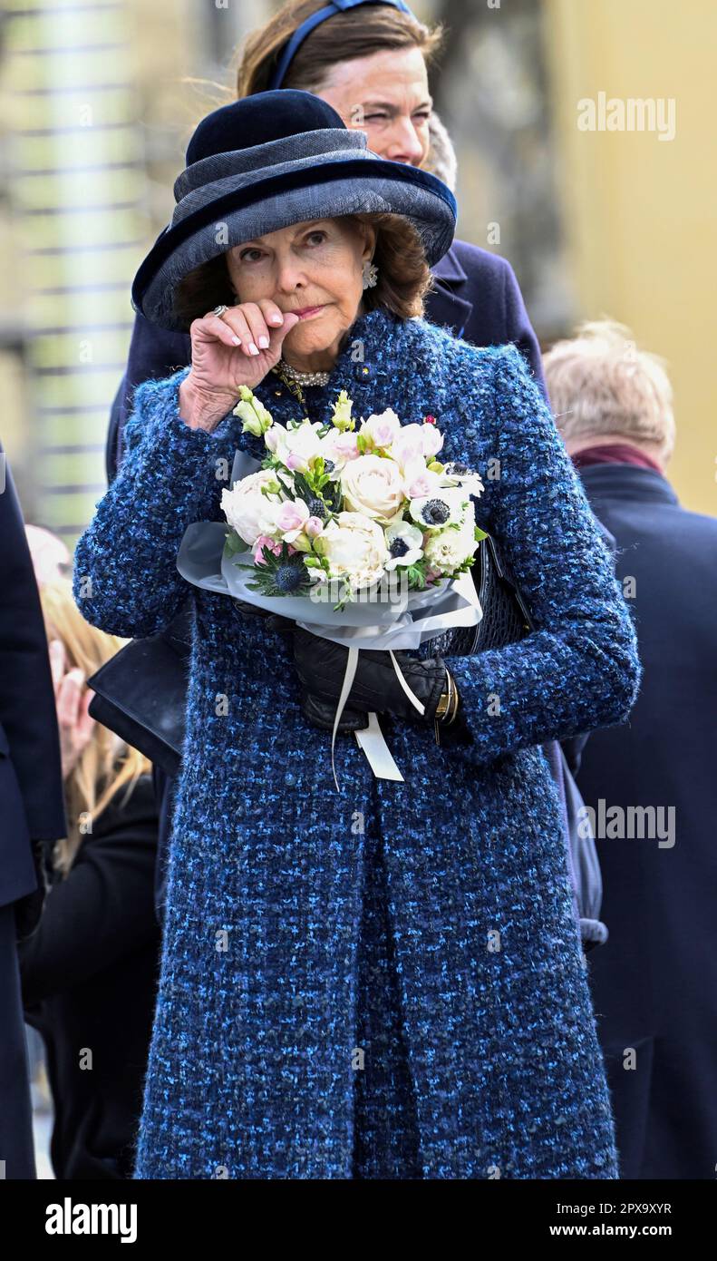 Queen Silvia during a welcome ceremony at Freedom Square in Tallinn ...