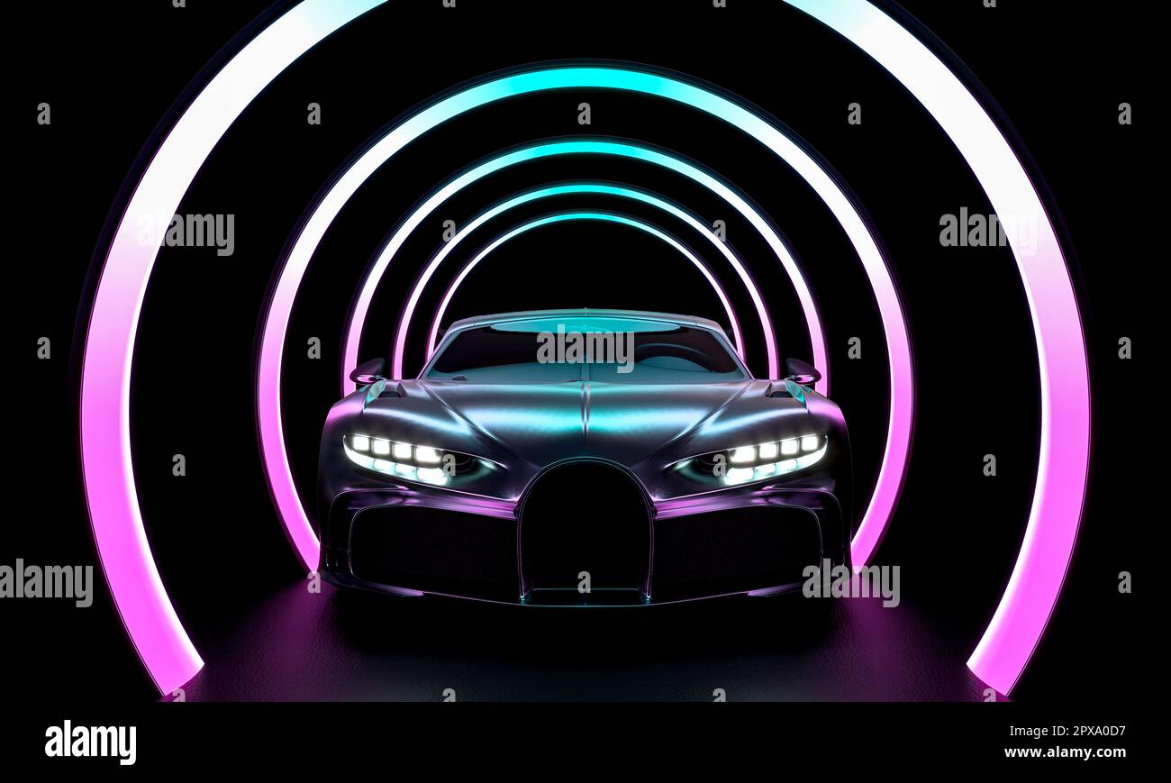 sports car with bright rims and a black background. 3d render Stock ...