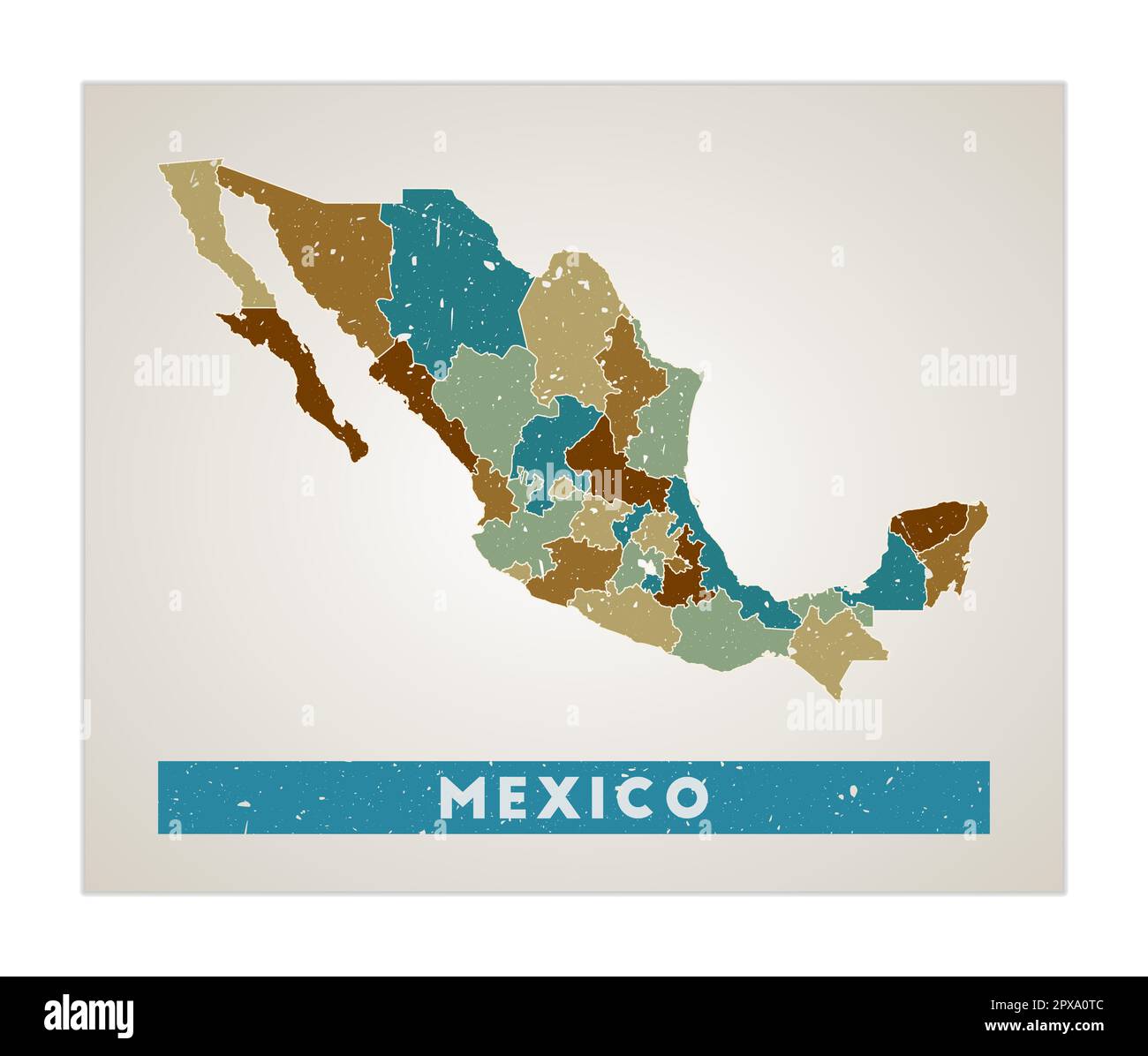 Mexico map. Country poster with regions. Old grunge texture. Shape of ...