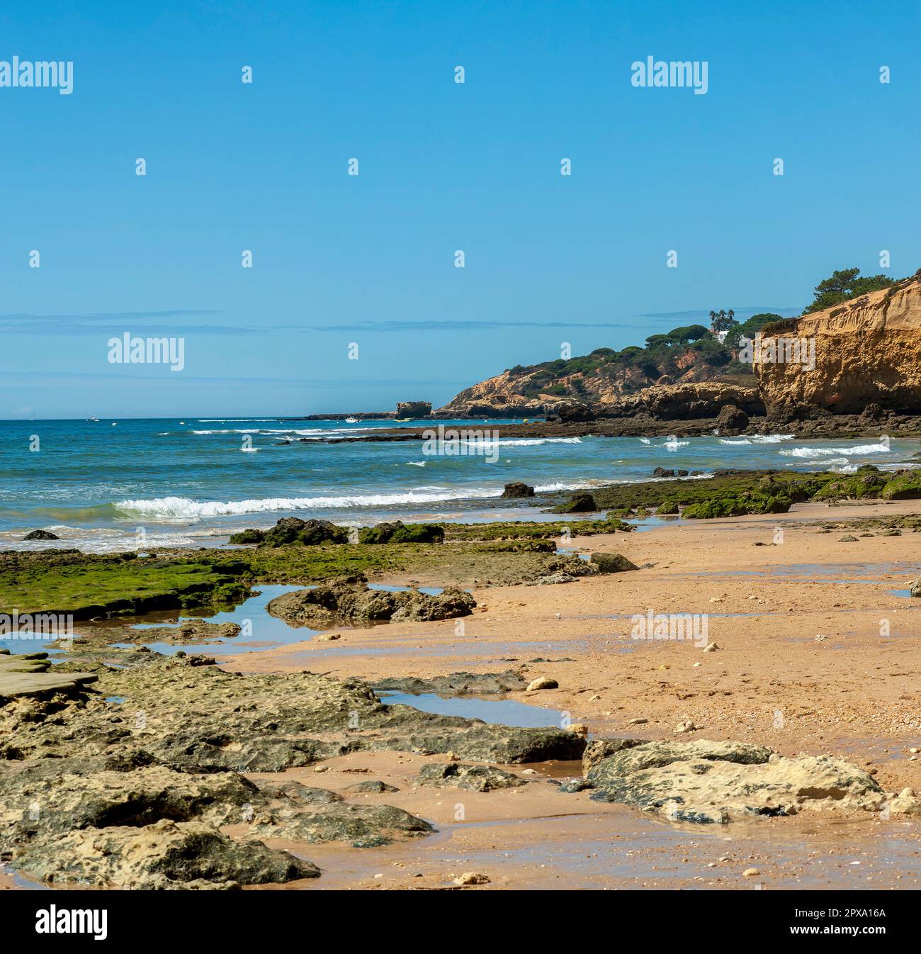 Maria Luisa beach with rock formation in Albufeira, Algarve, Portugal ...