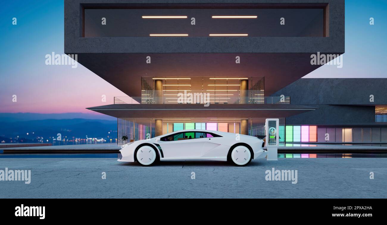 The electric sports car is parked and charged outside modern buildings ...