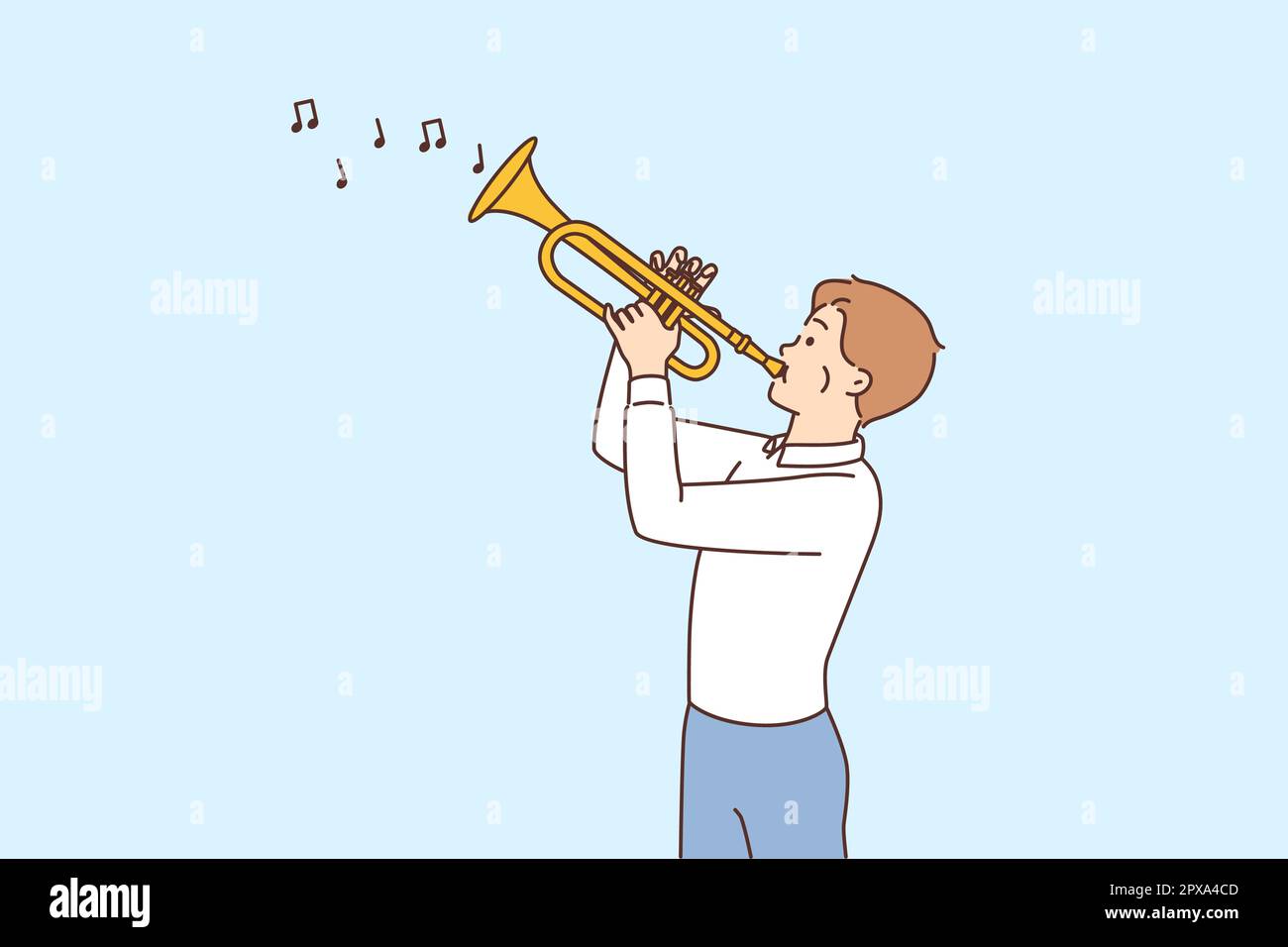 Small boy playing on musical instrument on concert. Teen child hold ...