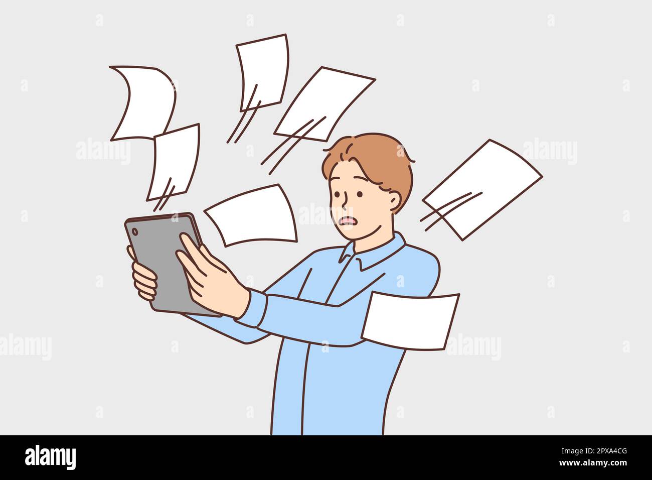 Distressed man look at tablet screen overwhelmed with emails. Unhappy ...