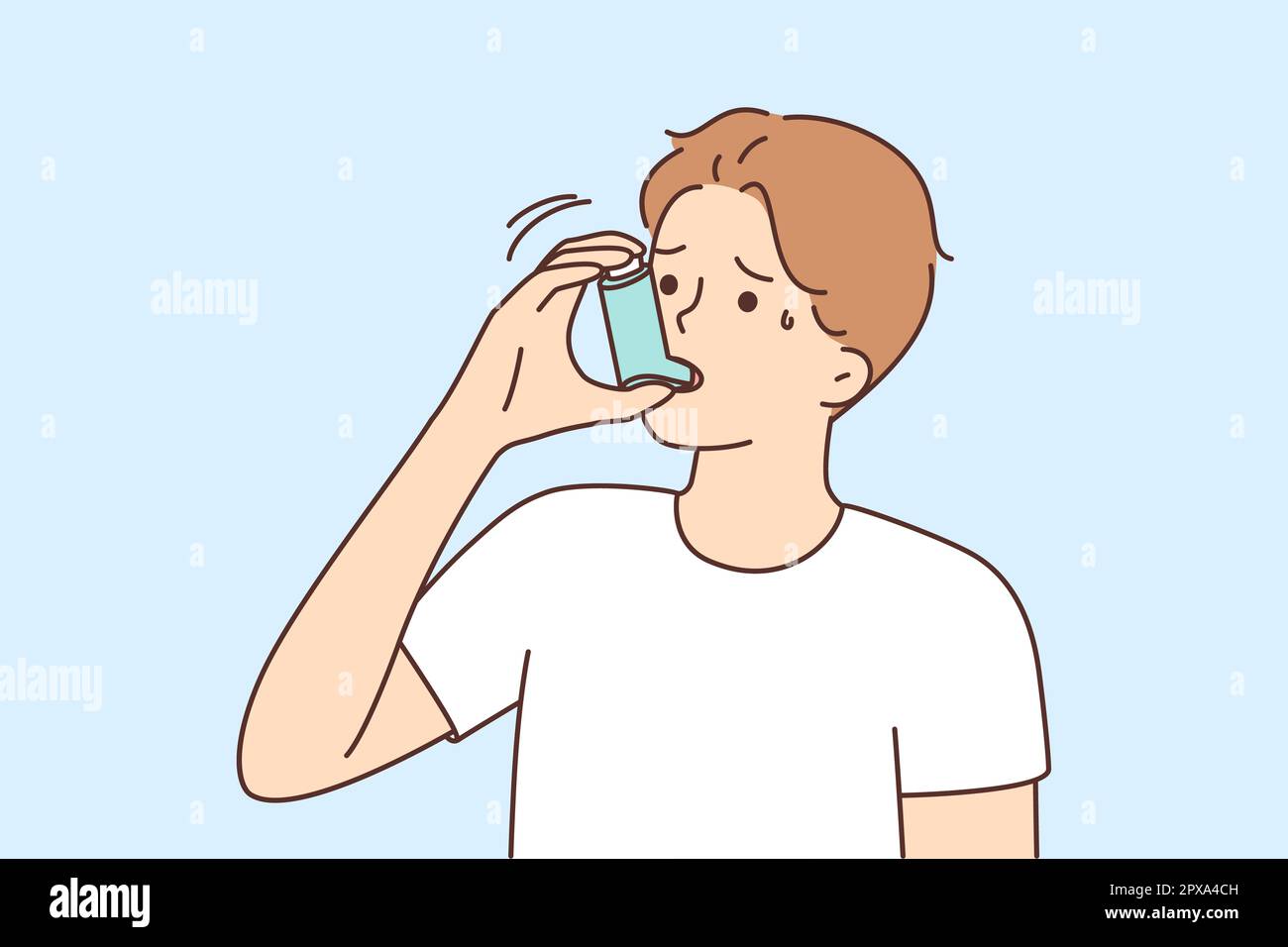 Unhealthy young man suffering from asthma use inhaler. Unwell sick guy ...