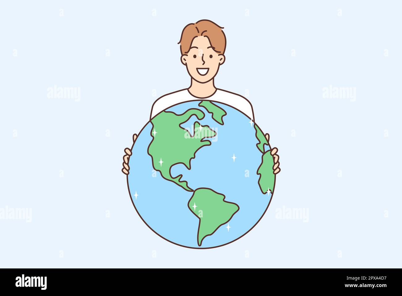 Smiling young man hold huge globe in hands. Happy male show planet ...