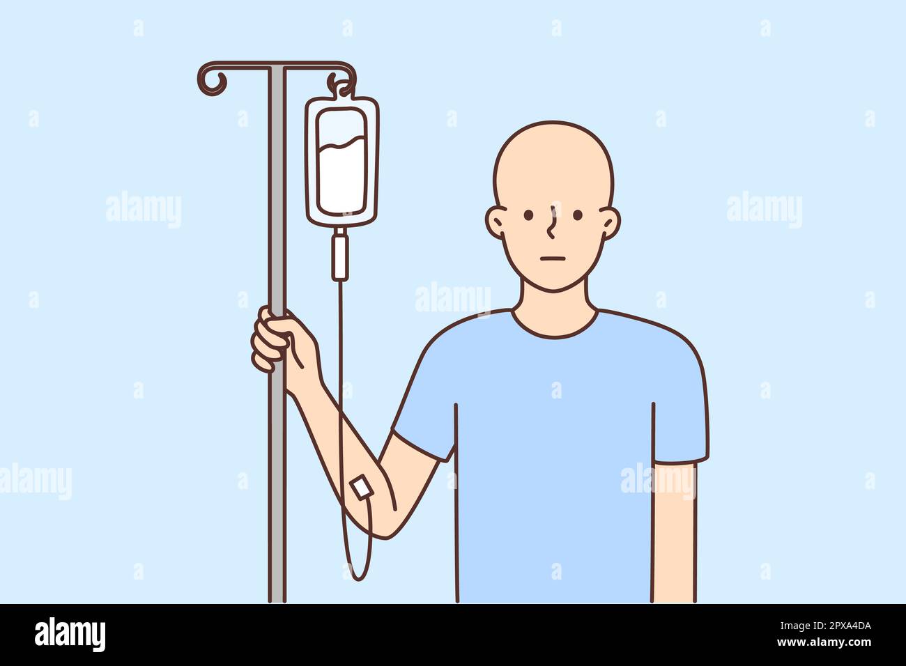 Bald young man with dropper with medication get chemo treatment in ...