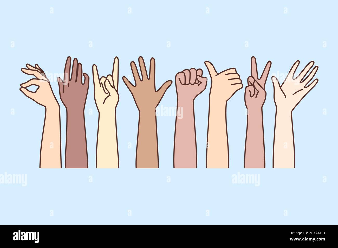 Closeup of diverse multiethnic people show hand signs. Multiracial men ...