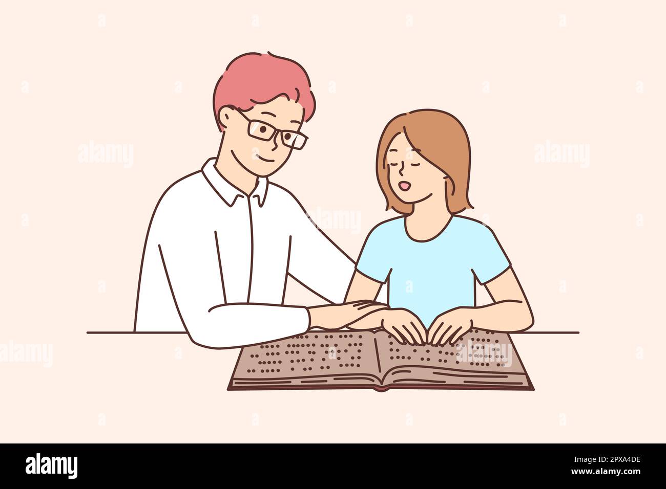 Young man teach blind girl child reading book with fingers. Male ...