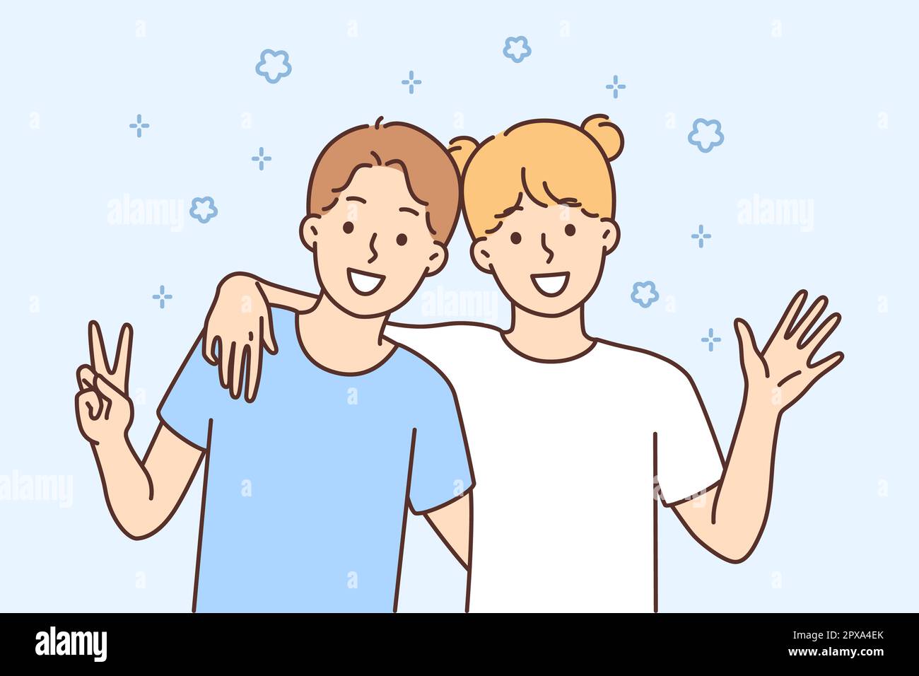 Happy teen kids hugging showing victory sing have fun together. Smiling ...