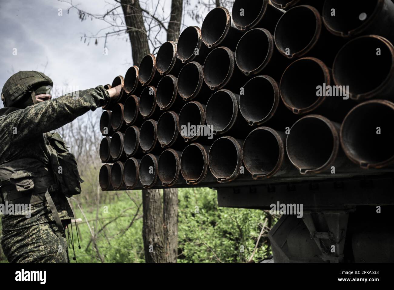 April 28.2023 Russia. Donetsk region. A soldier from the calculation of ...