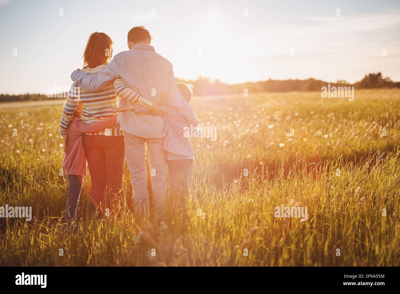 Happy family standing on the summer field and hugging on the sunset ...