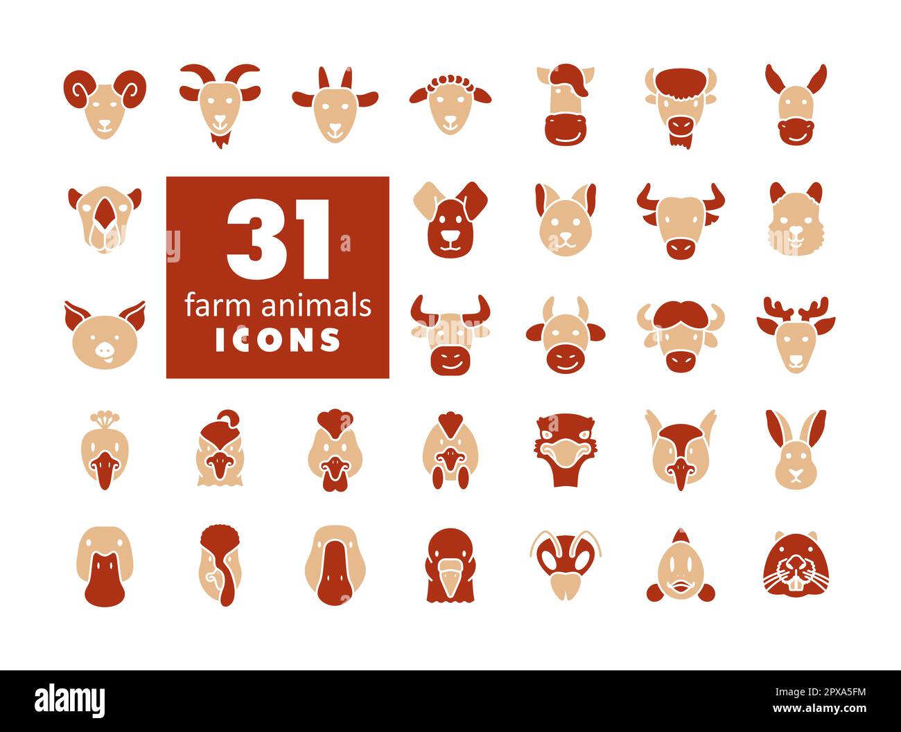 Farm animals glyph isolated icons set. Vector head illustration ...