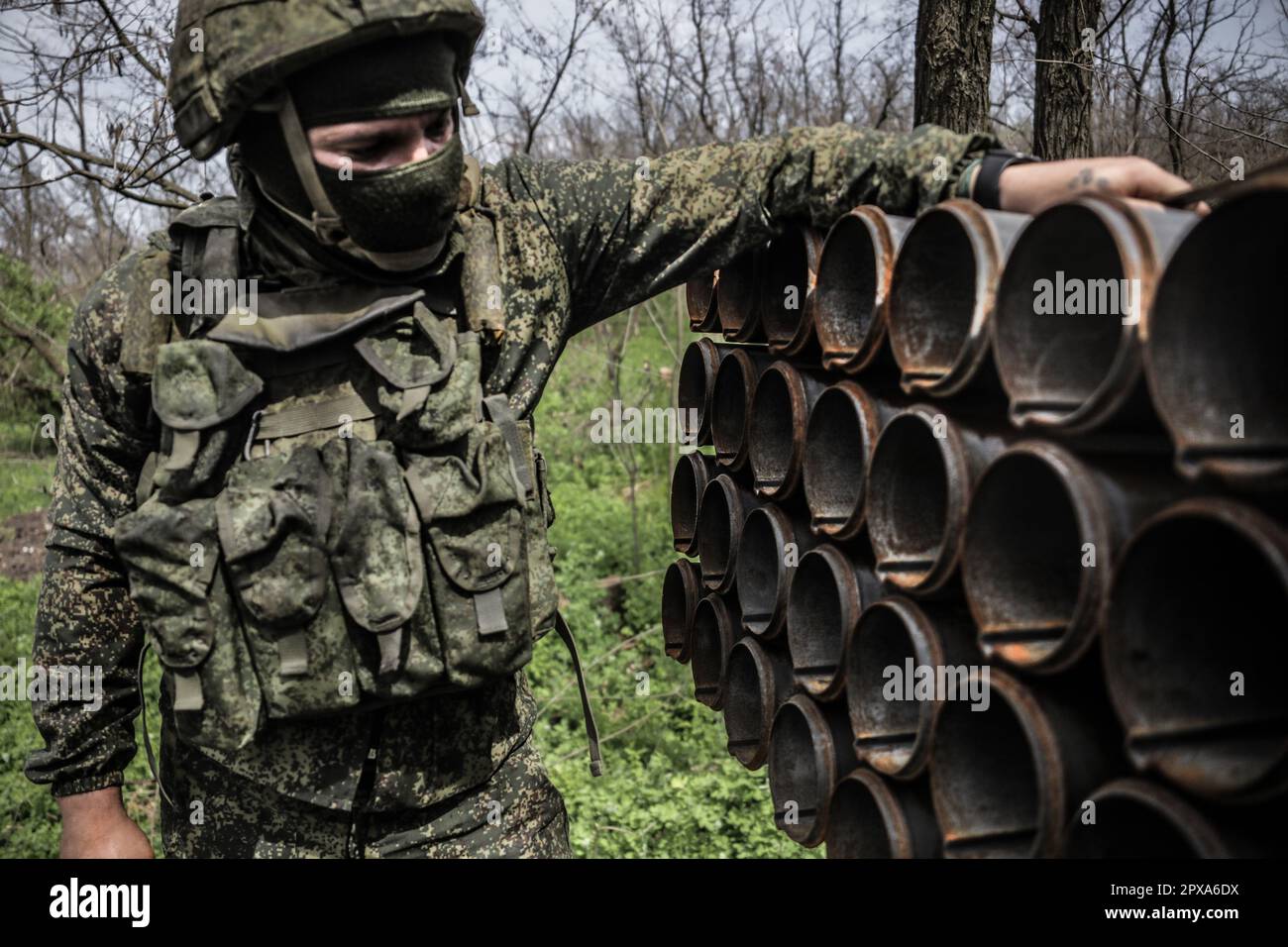 April 28.2023 Russia. Donetsk region. A soldier from the calculation of ...