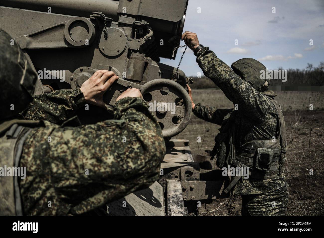 April 28.2023 Russia. Donetsk region. Military personnel from the calculation of the multiple ...